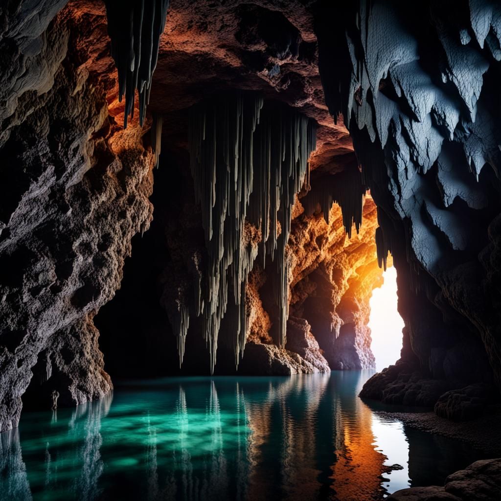 A deep dark cave with beautiful, raw and uncut crystals forming from ...
