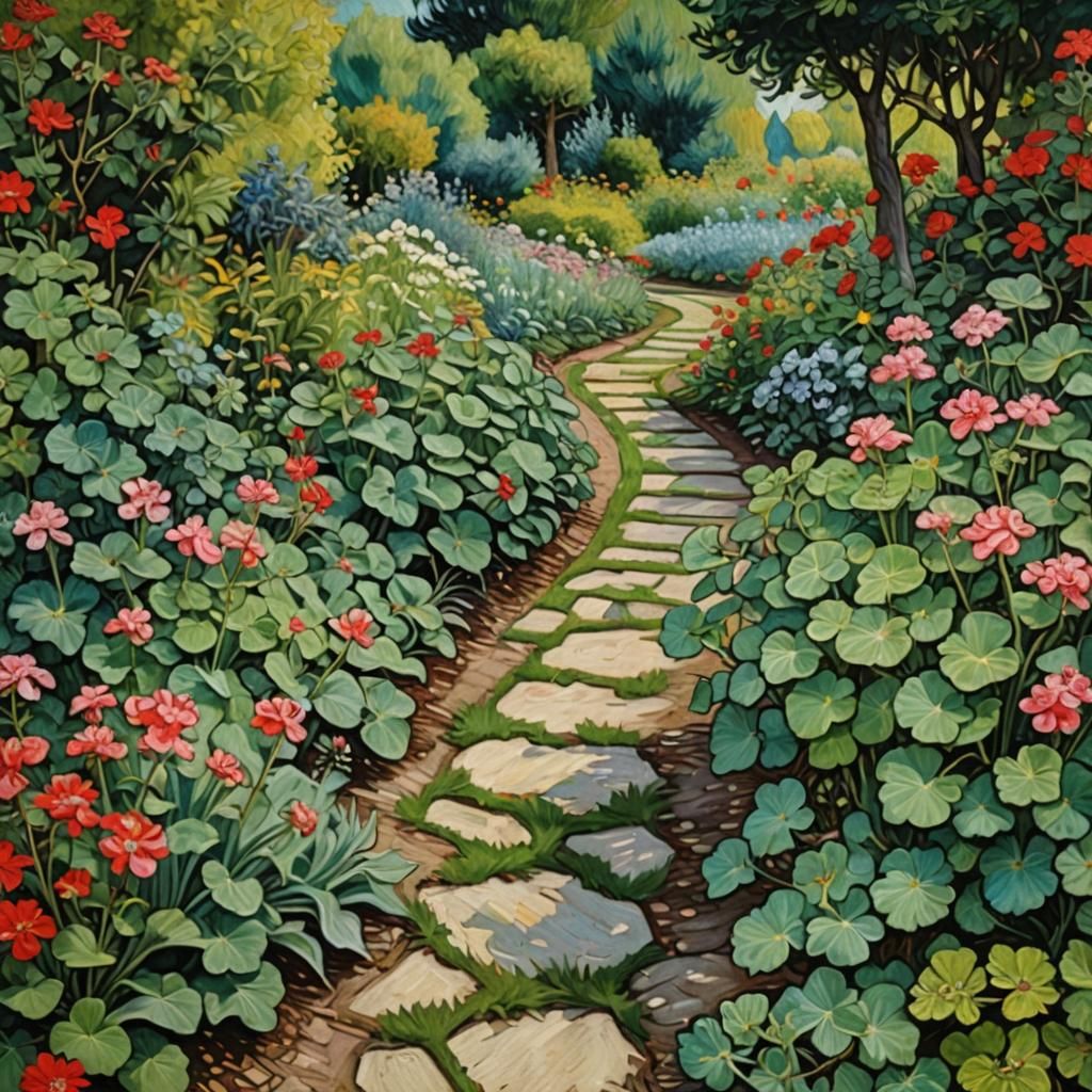 A garden pathway bordered with Sorrel Geranium style of Van Gogh - AI ...