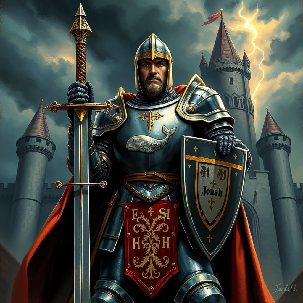 Chivalrous Knight in Medieval Armor with Whale Eng... - AI Art