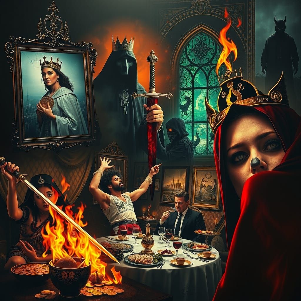 Surreal Collage of the Seven Deadly Sins in a Tape... - AI Art