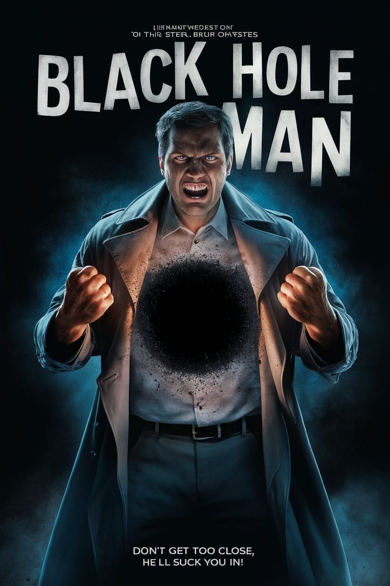Movie Poster with bold text,"BLACK HOLE MAN!" with a LARGE man in a ...