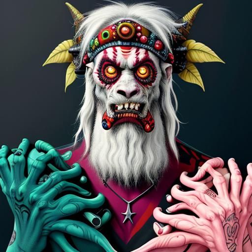 Tattooed albino contortionist hippy freak, colorful, created by the cryptid taxidermist Dr ...