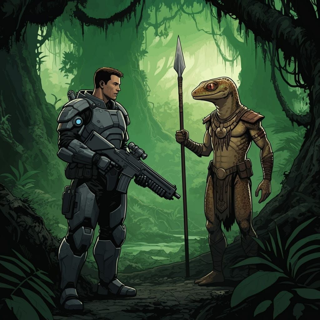 Futuristic Soldier Meets Alien Gecko Warrior in Cy... - AI Art