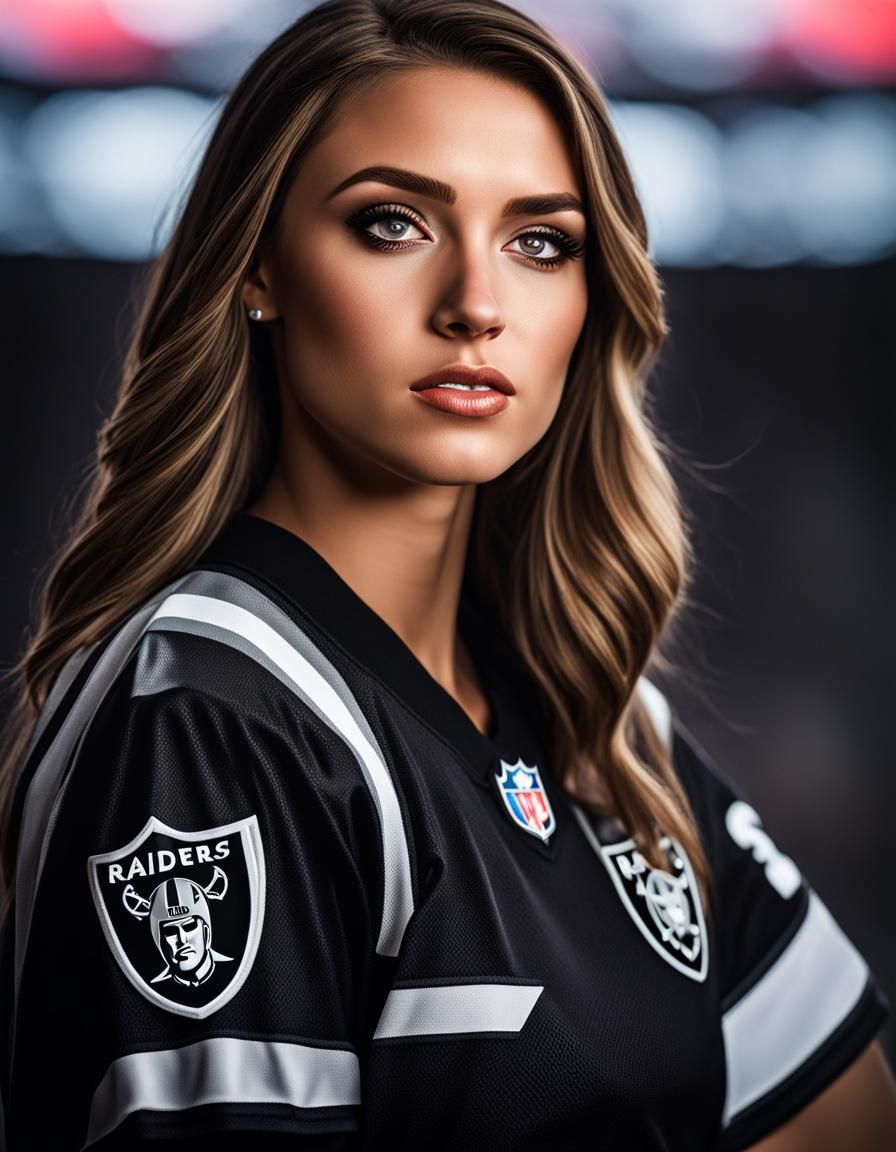A beautiful caucasian girl, Las Vegas Raiders NFL team jersey wearing ...