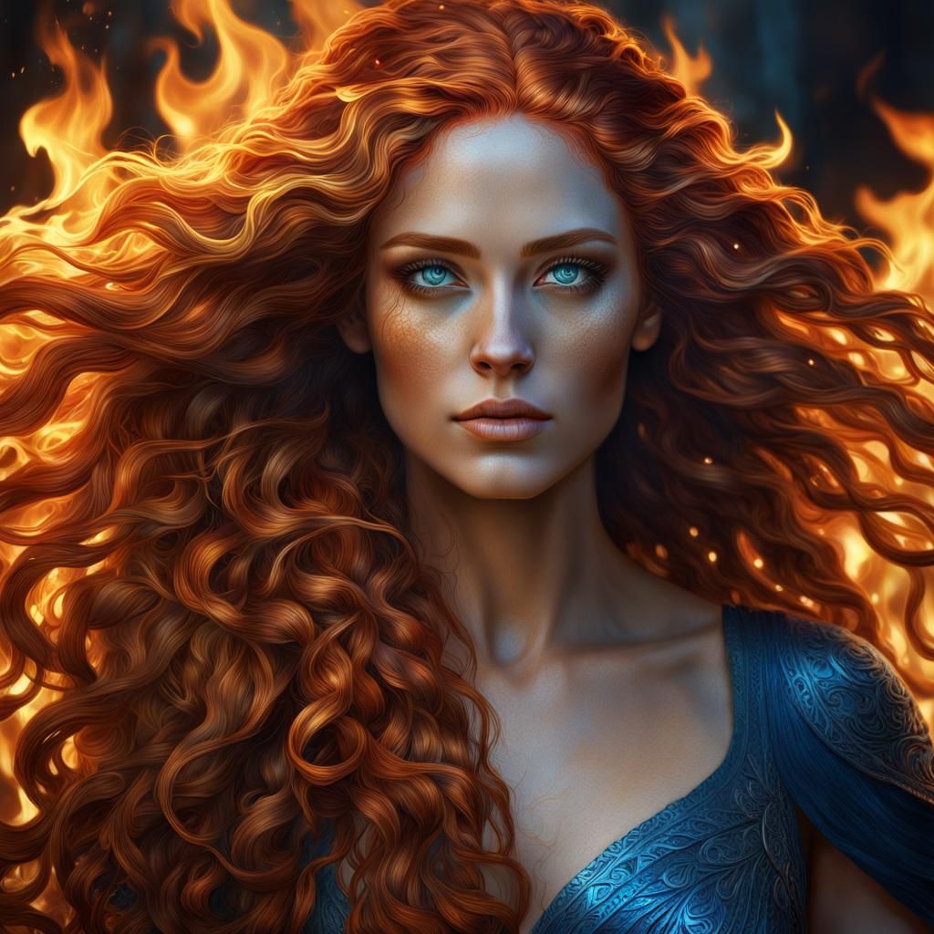 Portrait of a gorgeous highly detailed young lady made of flames ...