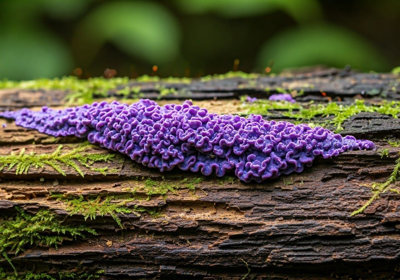 Tree Fungus - Electric Purple Slime Mold in Tropical Decay