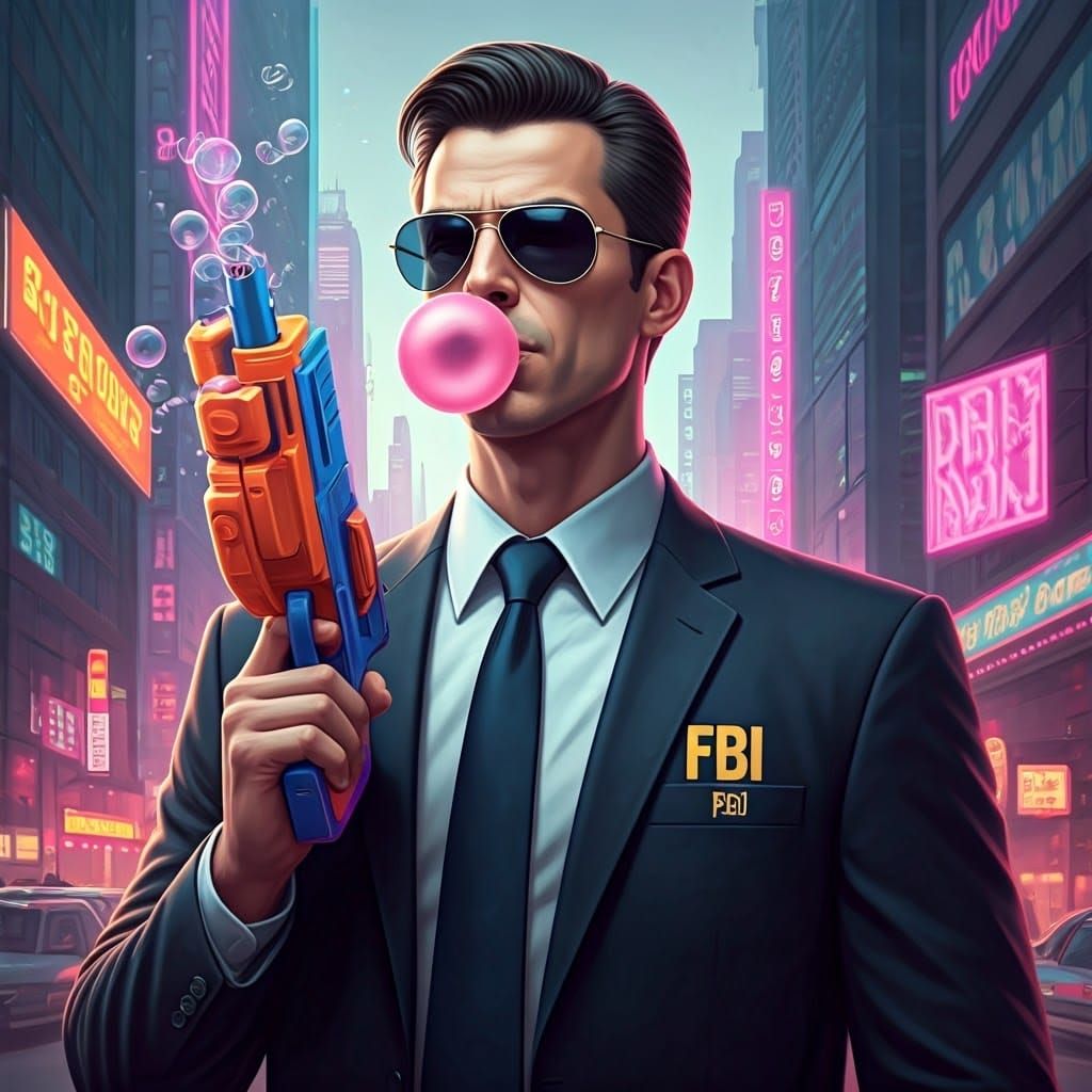 A super cool FBI agent holding a bubble gun that shoots bubble gum.