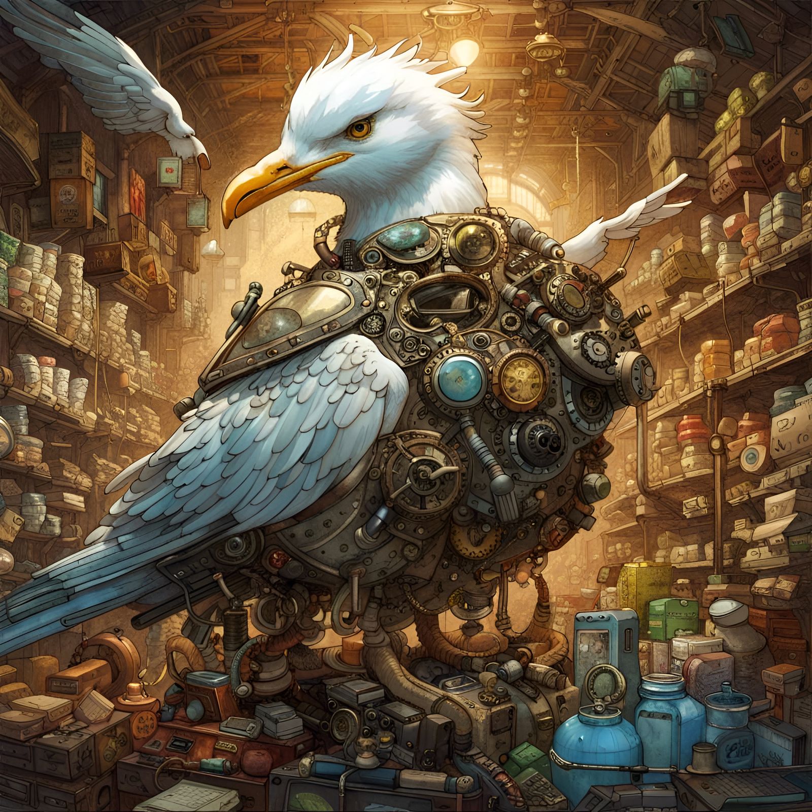 Epic detailed centered anthropomorphic steampunk seagull!!! in a ...