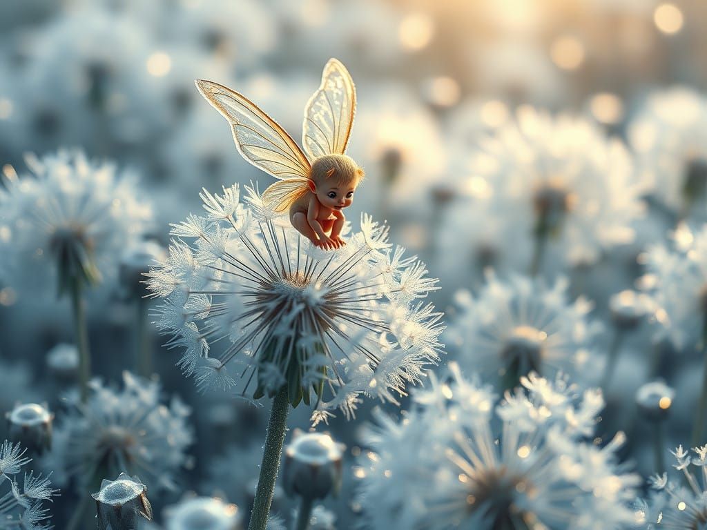 Macro shot, tiny pixie intricately detailed on a backdrop of field of ice-frosty dandelions