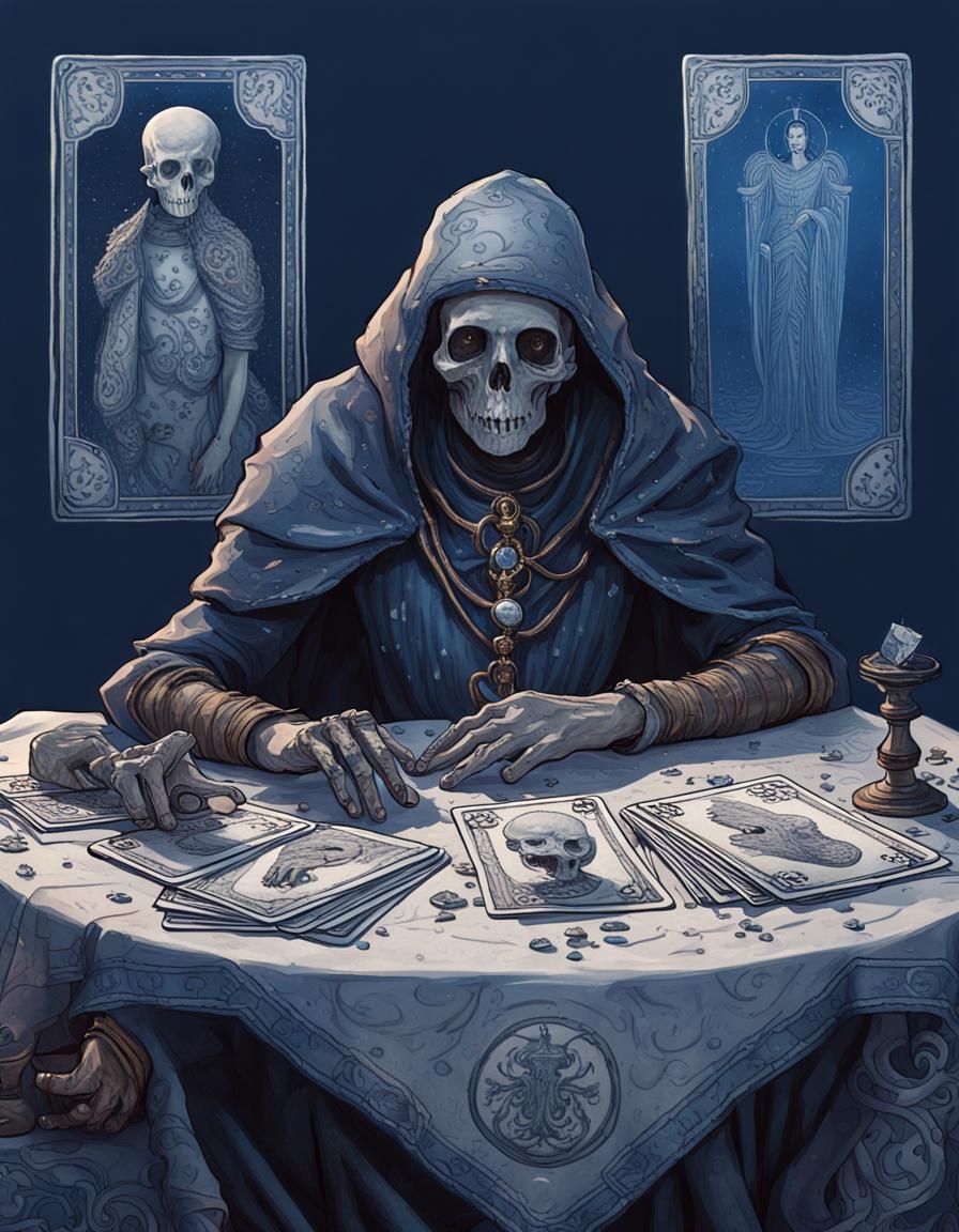 A necromancer sits at a table, a deck of tarot cards sits, splayed on a ...
