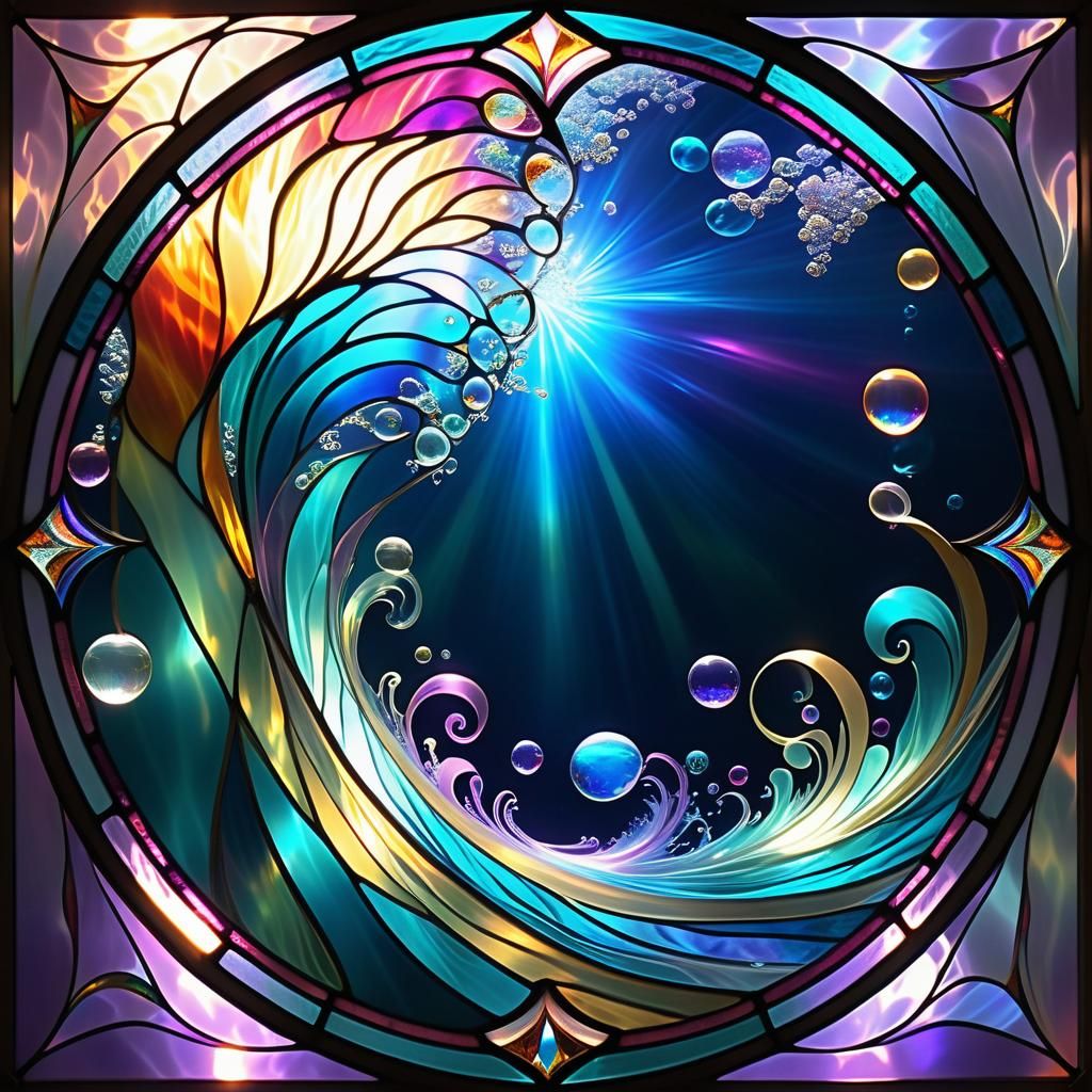 Stained glass, gentle, soft, mysterious, wide awake underwater; waves ...