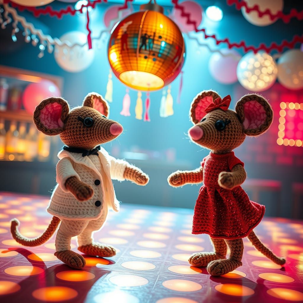 Whimsical Crochet Mice Dance the Night Away at a G... - AI Art