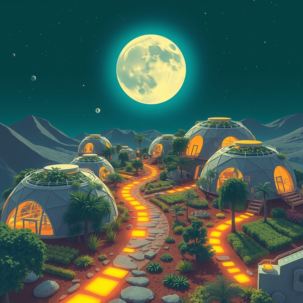 Solarpunk Lunar Settlement with Geodesic Domes - AI Art
