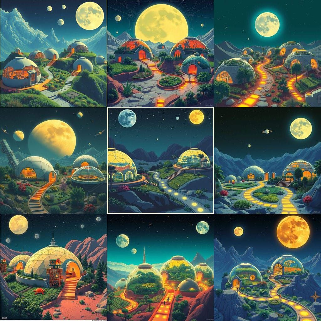 Solarpunk Lunar Settlement with Geodesic Domes - AI Art