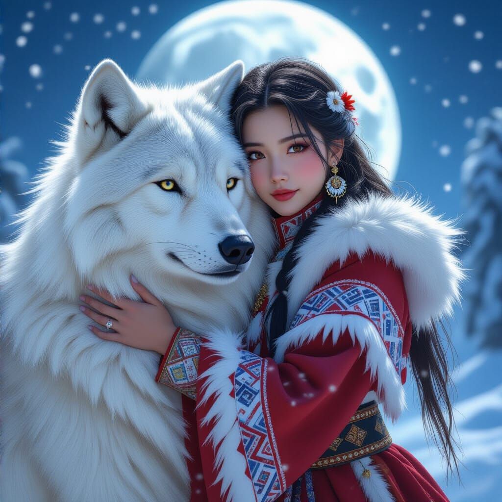 Eskimo aboriginal girl - Eskimo Girl Hugging Wolf in Detail...