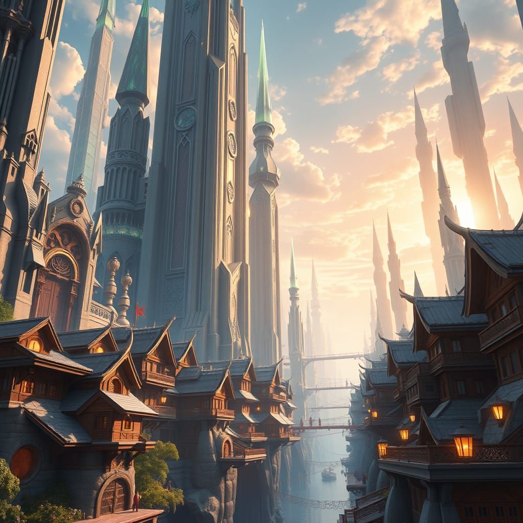 Futuristic City of Harmony: Humans, Dwarves, and G... - AI Art