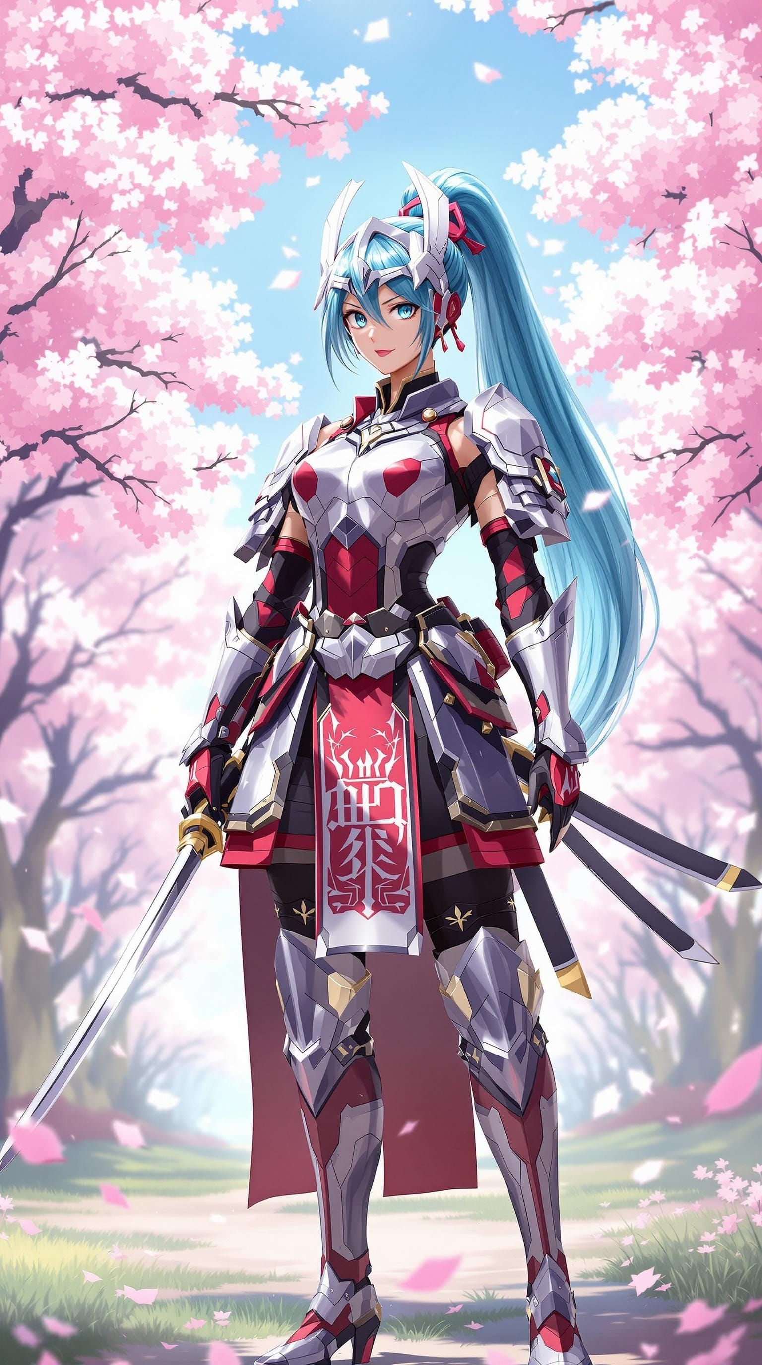 Digital Samurai Miku in Cherry Blossom Landscape - AI Art