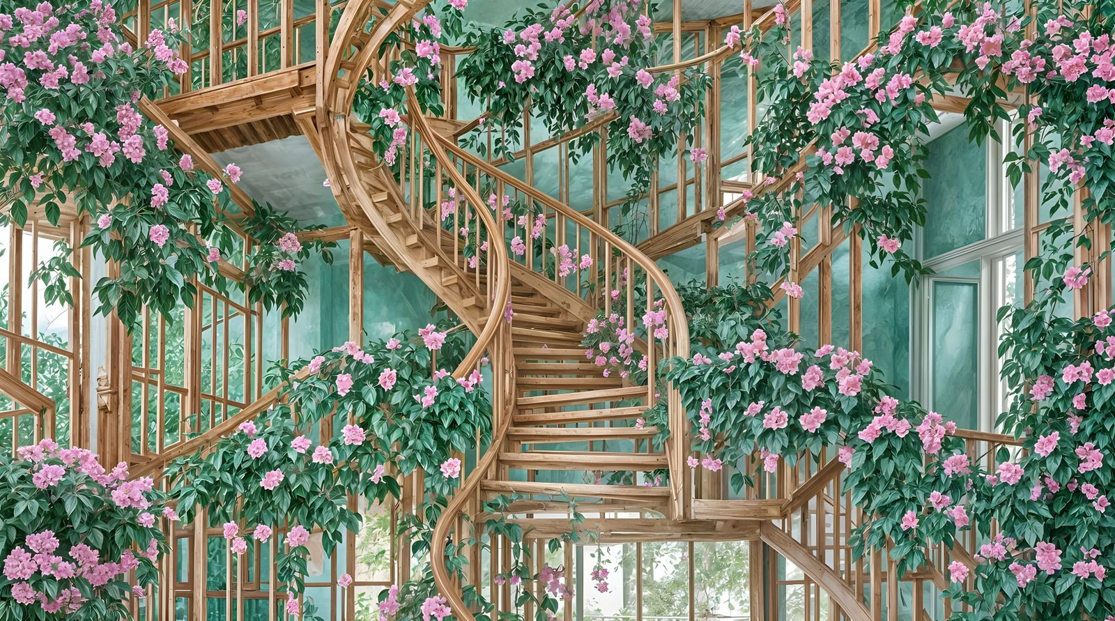 Garden Staircase with Vibrant Floral Trellises - AI Art