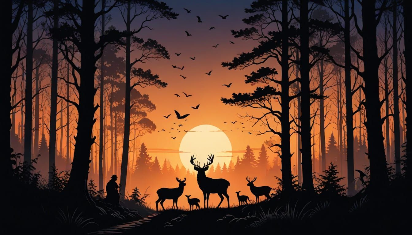 Silhouette Forest Scene at Dusk - AI Art