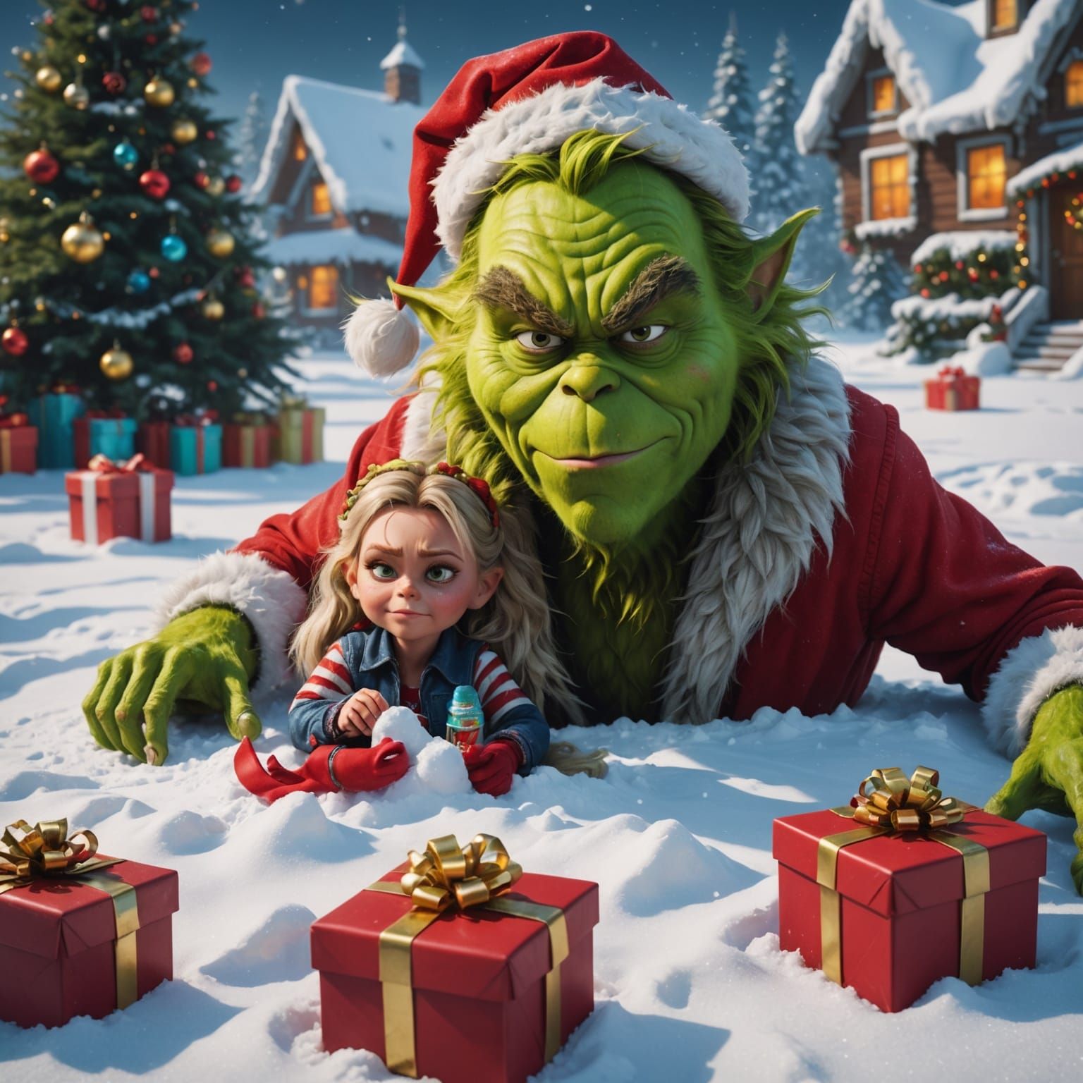 The Grinch who stole Christmas and the Bride of chucky lays on the snow ...