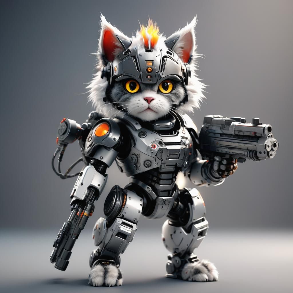 Very cute fluffy cyborg!!😸cat with mashinegun🤖⚡
