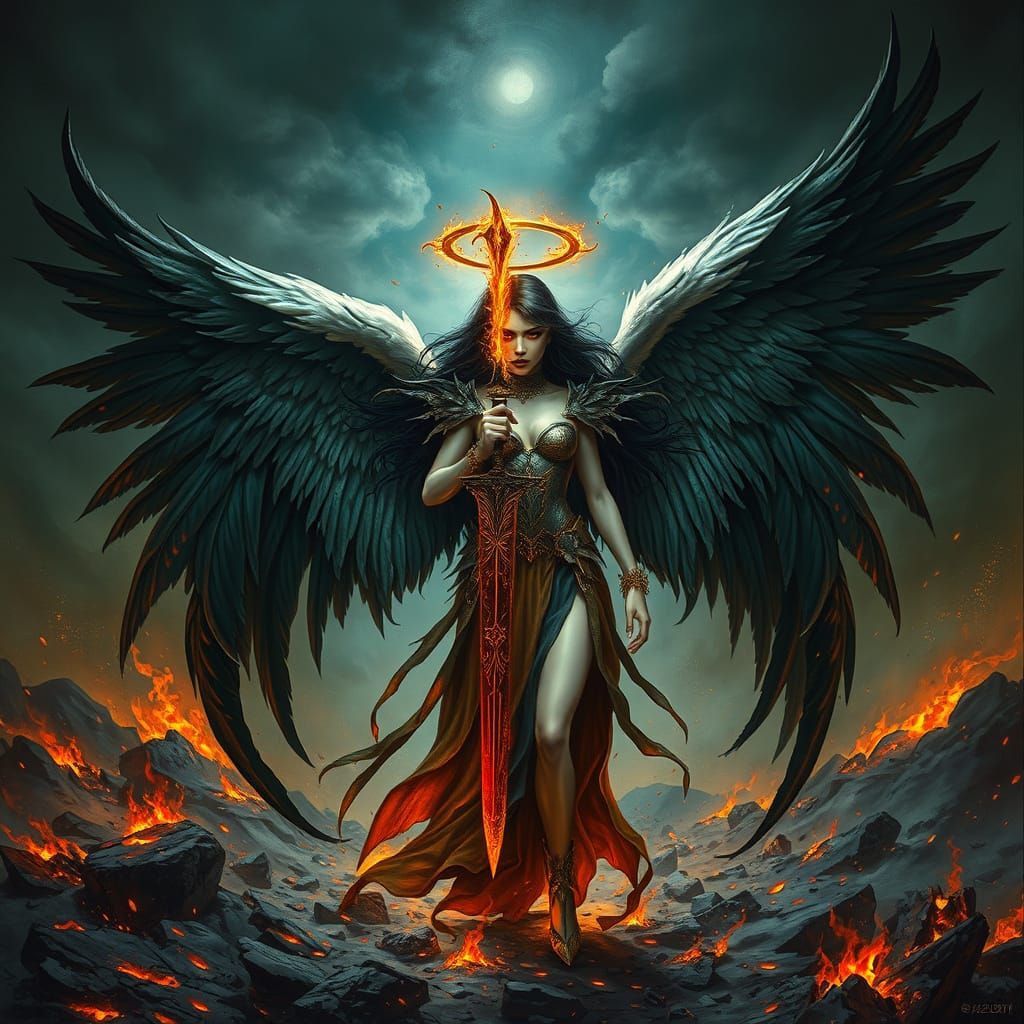 A dark fantasy female fallen angel