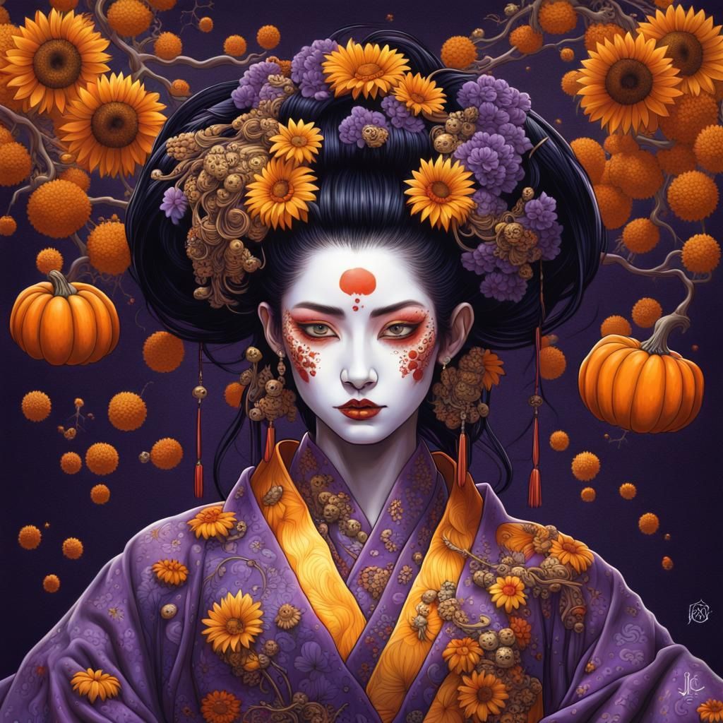 Halloween Japanese geisha covered in tiny sunflowers skulls and ...