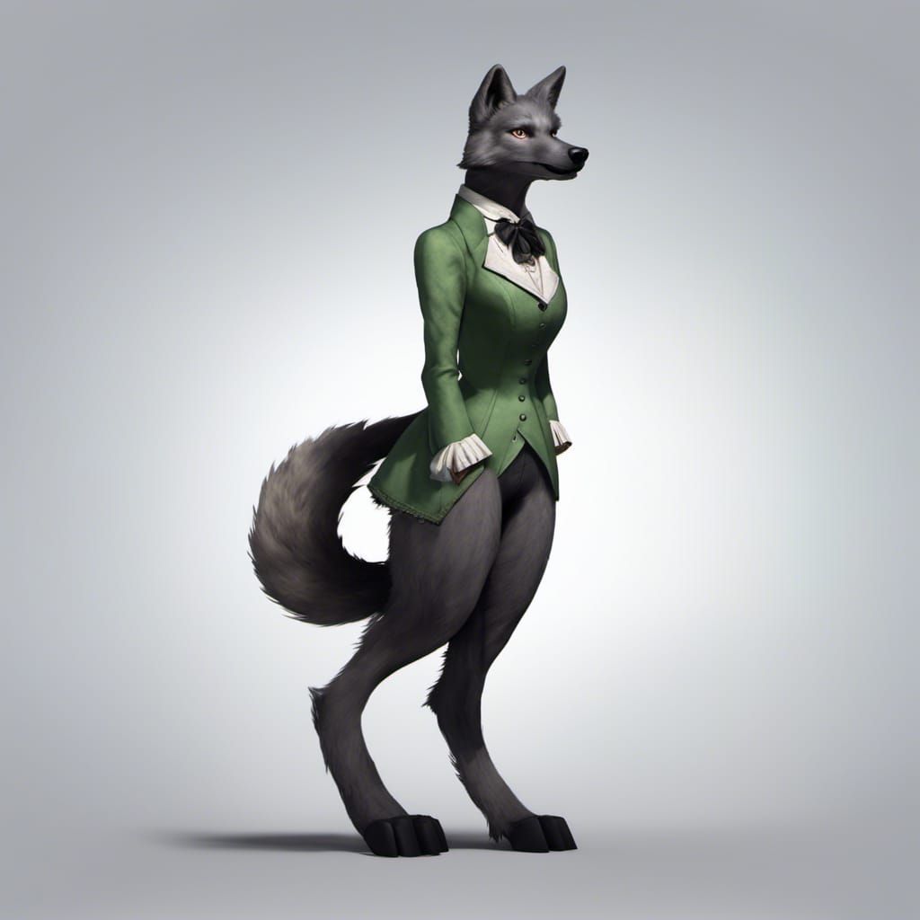 Dark gray, female, bipedal, wolf, standing upright, tail, full body fur ...