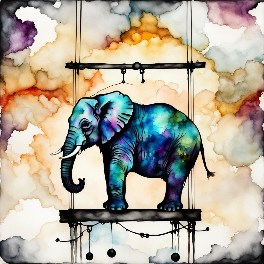 Gothic alcohol ink circus elephant balancing on a tight rope - AI ...