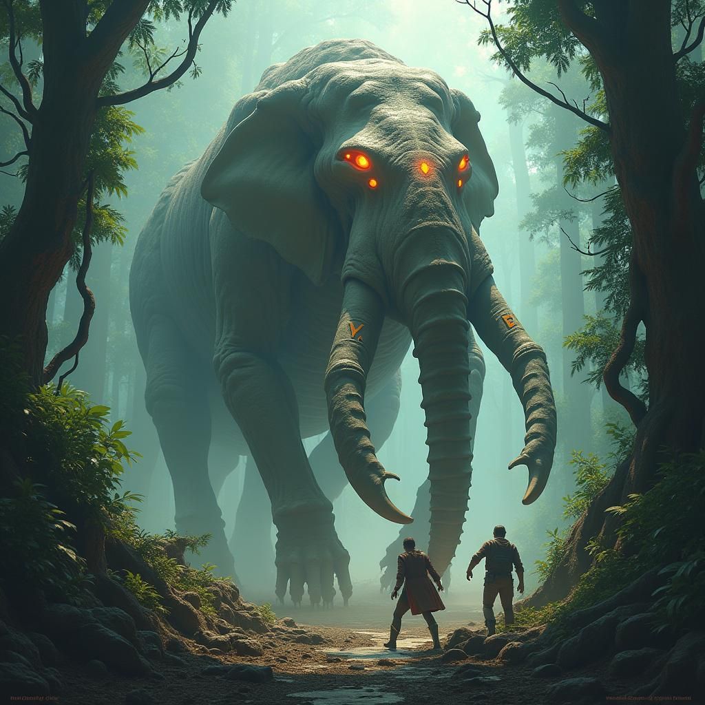 Create an image of the Soulbound Behemoths mastodons, towering skeletal ...