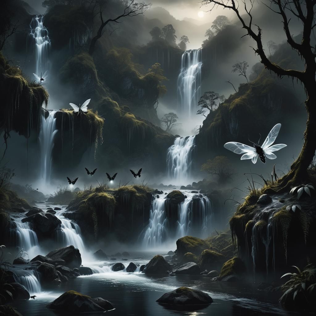 dark and malevolent beautiful riverscape. deep water, inky black, the ...