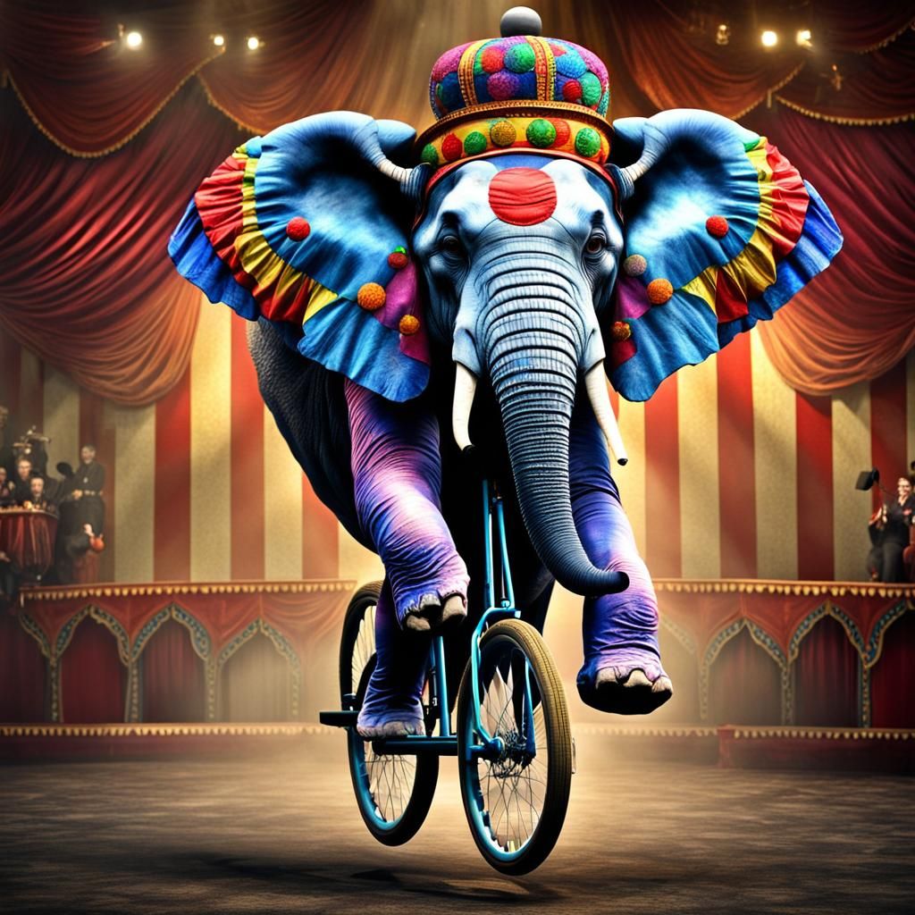 An elephant in clown makeup riding a unicycle in the circus, intricate ...