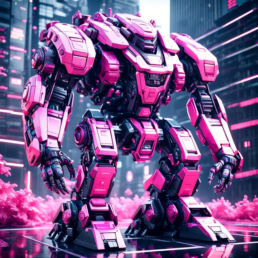 Giant Mecha in Pink Tones intricate mech details, ground level shot, 8K ...