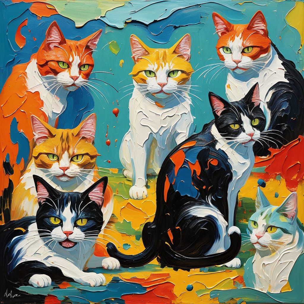 Oil painting Realistic. Impasto. Crazy Cats.