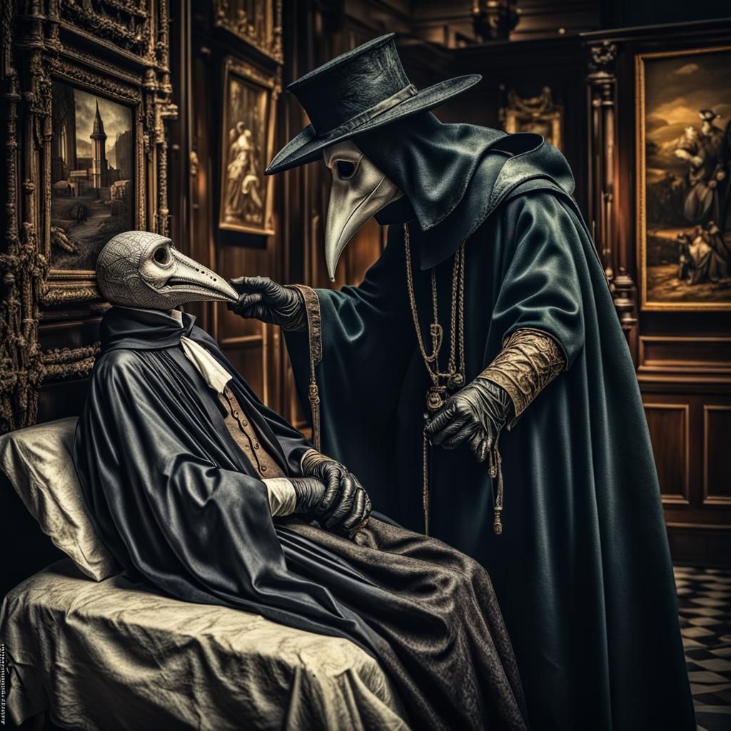 A plague doctor treating a dying handsome young man, tragic, melancholy ...