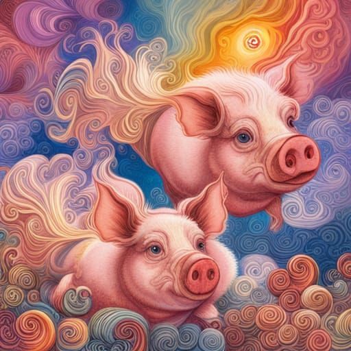Three adorable flying pigs with ears like Angel wings emerge from ...