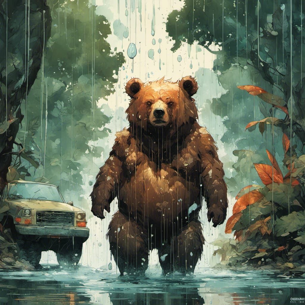 Obese baby jungle Bear drenched down-pouring rain, glowing reflecting ...