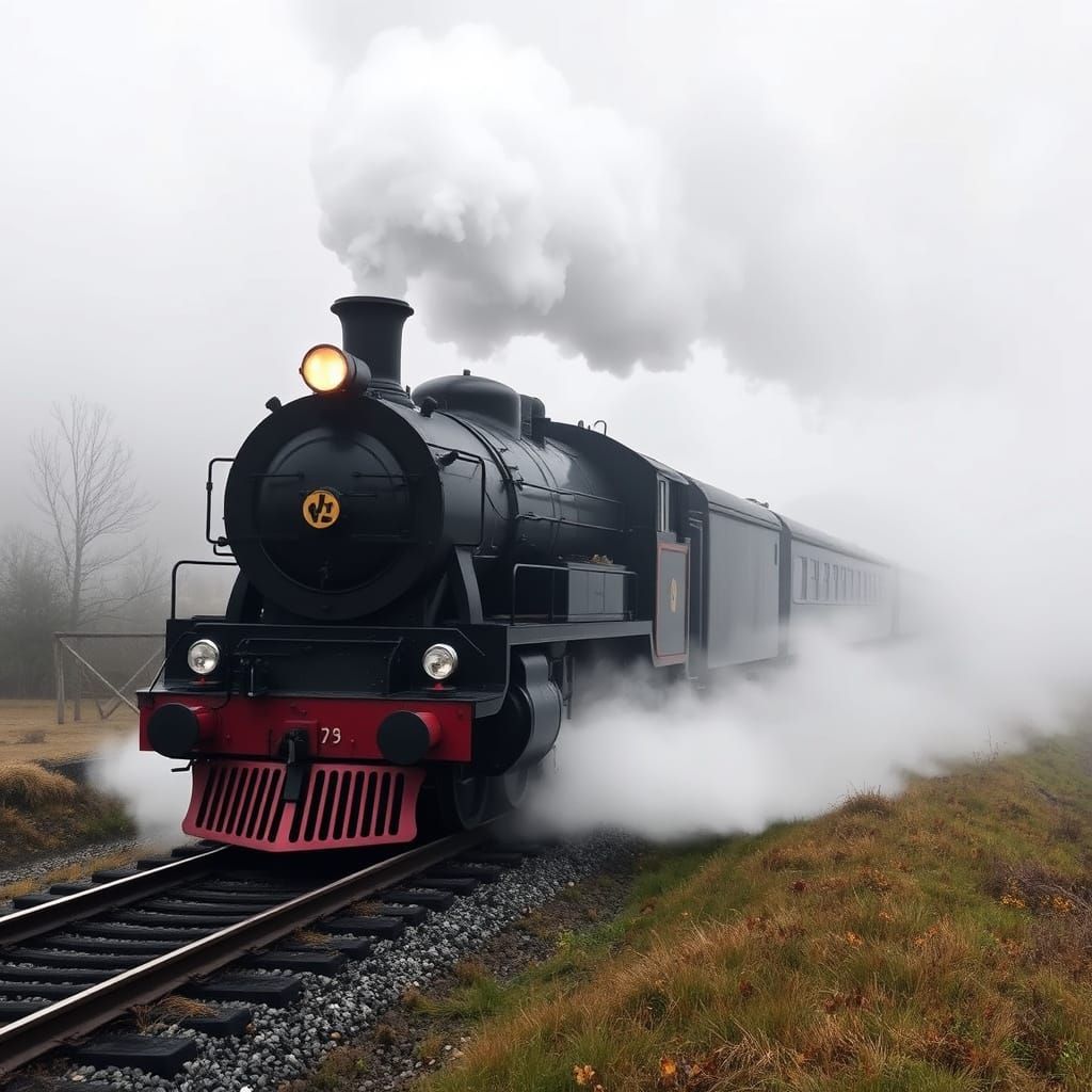 A vintage steam engine train chugging through a foggy landscape