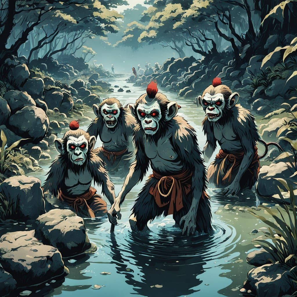 Zombie Monkey Monster Clowns Bathing In A Stream 19th Century Japanese ...
