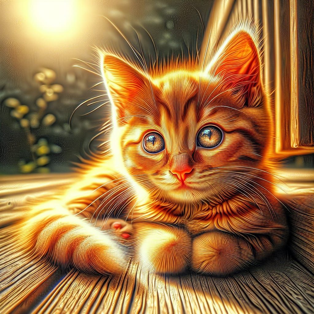 Ginger kitten with big eyes sitting in the sunlight, intricate details ...
