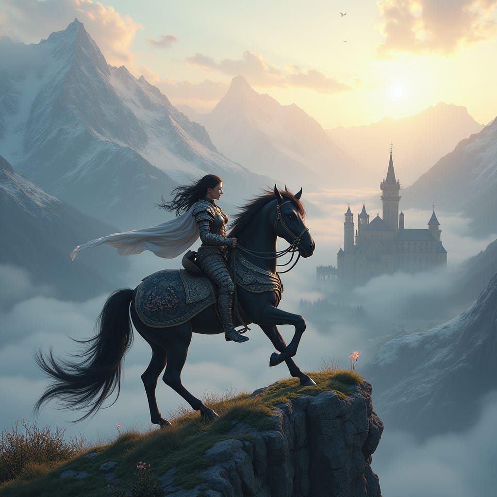 Surreal Medieval Warrior Rides Majestic Steed Over... - AI Art