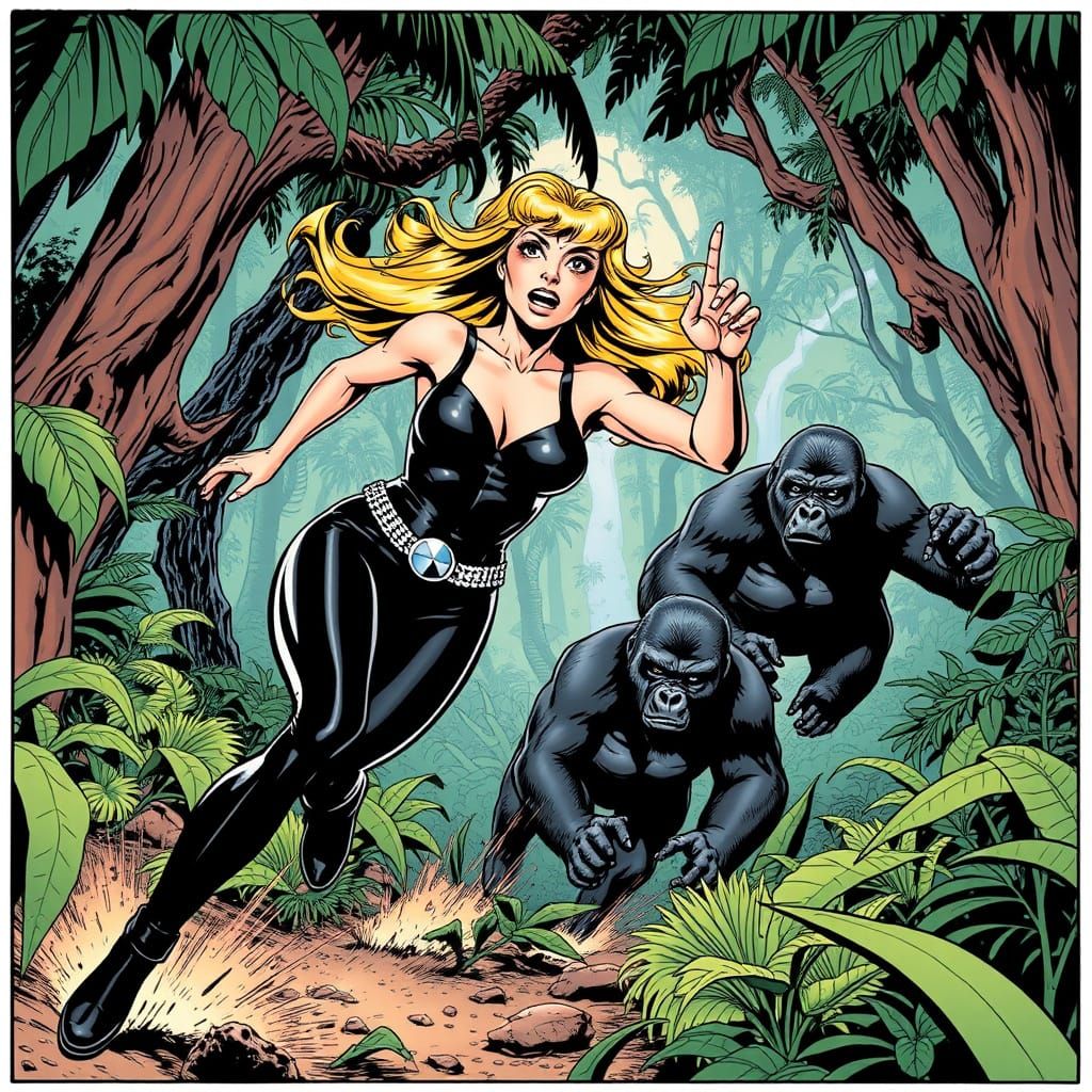 Barbarella Runs from Gorillas, Comic Book Art - AI Art