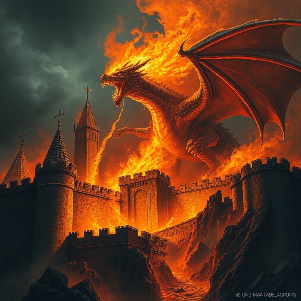 Medieval Castle Engulfed in Dragonfire - AI Art