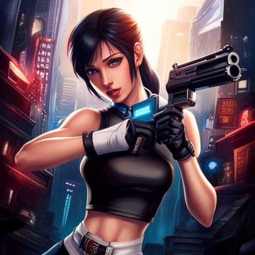 A woman in a short skirt holding a gun, cyberpunk art, dau-al-set ...