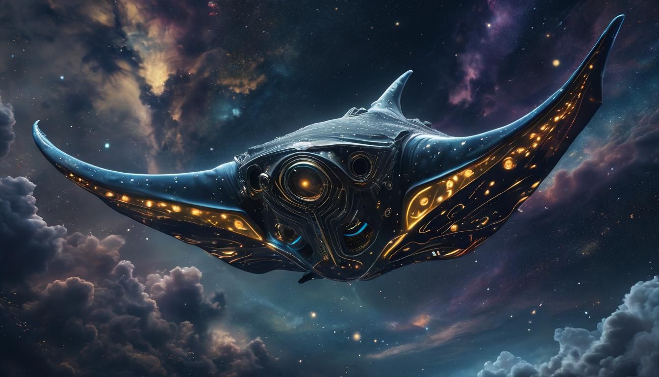 Cybernetic Manta Ray Surfer in Cosmic Backdrop - AI Art