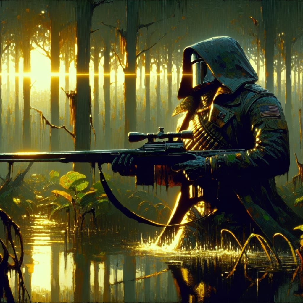 Futuristic Soldier Navigates Dimly Lit Swamp - AI Art