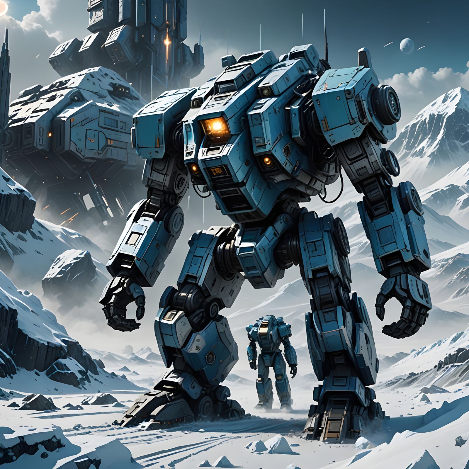 Gigantic Ice Blue Battlemech Prepares for War in E... - AI Art