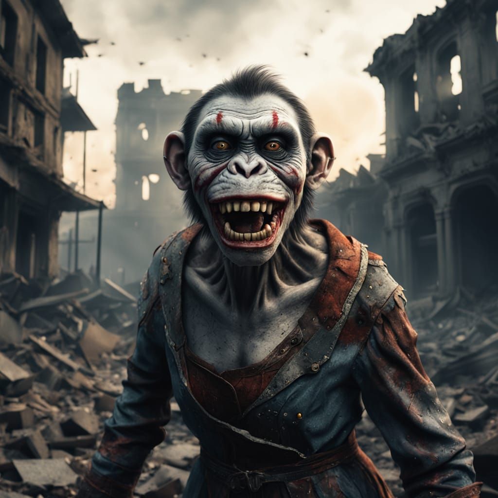 Zombie Monkey Monster Clown Female grinning maniacally in the bombed ...