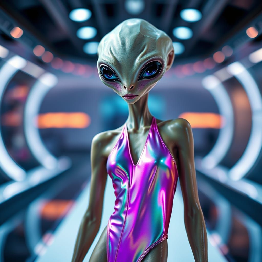 Confident Alien Supermodel on Futuristic Catwalk - AI Art