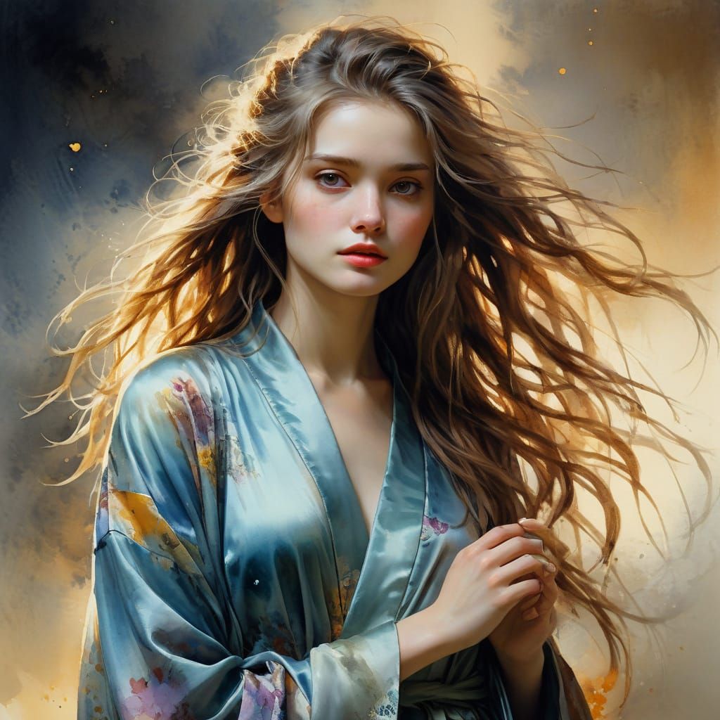 A moment - Woman in Silk Robe: Watercolor Fairytale Paintin...